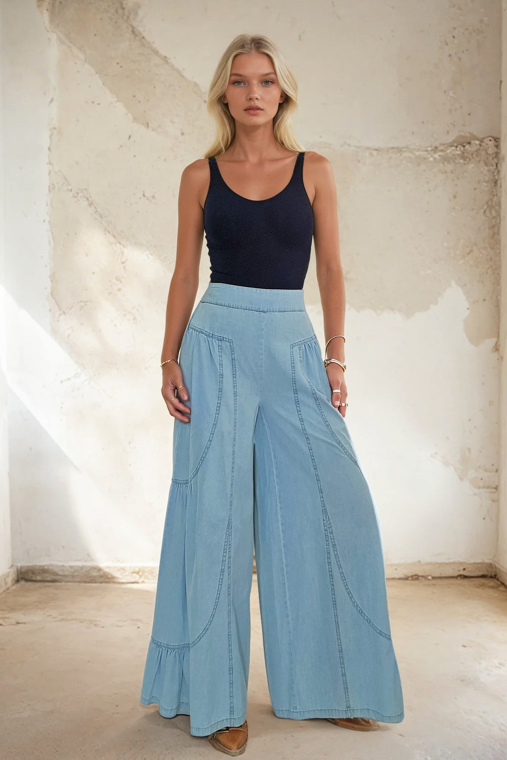 BOHO WIDE LEG DENIM TIERED PALAZZO PANTS W2433PIA – Wisteria Lane